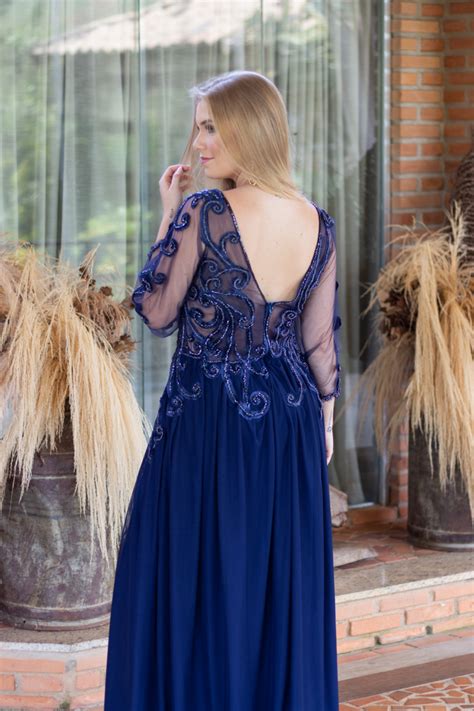 Vestido Azul Royal Mangas Longas Bordadas Balancê Brasil