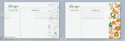 손으로 그린 오렌지와 오렌지 요리 오렌지 주스 케이크 쿠키와 단색과 색상의 오렌지의 껍질을 벗긴 조각과 종이의 학교 시트는 요리에 대한 맛있는 조리법을 작성하기위한 요리책에