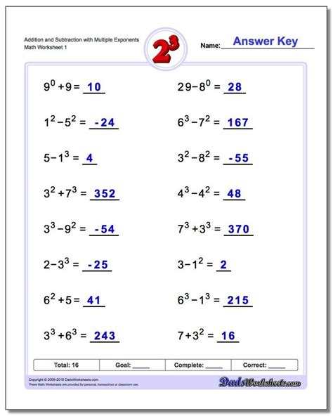 Exponents Worksheet Addition And Subtraction With Multiple Exponent