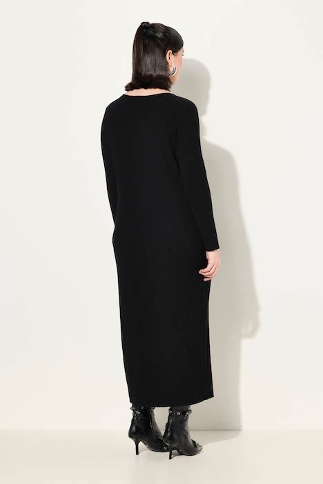 Long Sleeve V Neck Ribbed Knit Dress Black Ulla Popken
