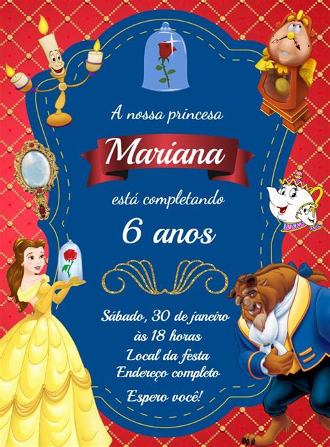 Convite aniversário A Bela e a Fera em 2024 Convite de aniversário