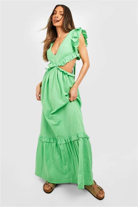 Linen Ruffle Cut Out Maxi Dress