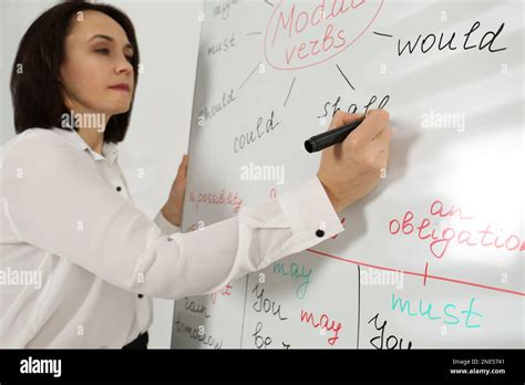 English Teacher Giving Lesson On Modal Verbs Near Whiteboard In Classroom Stock Photo Alamy
