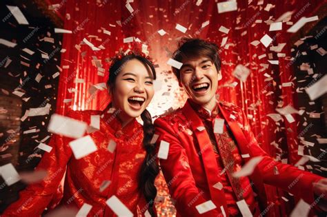 Premium Photo A Young Couple Dressed Up In Red With Confetti Falling