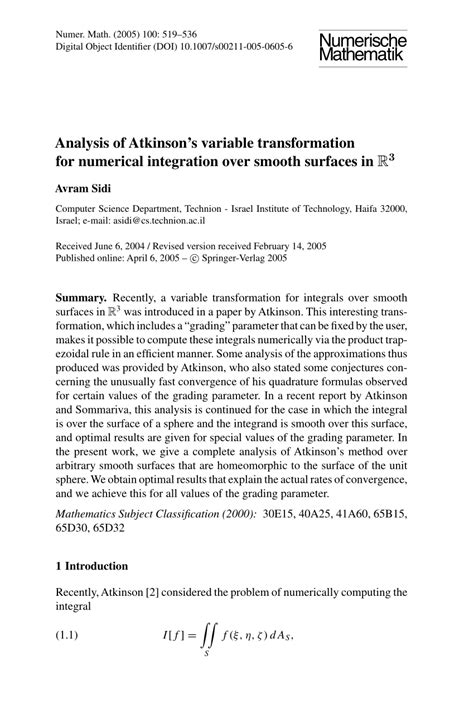 Pdf Analysis Of Atkinson S Variable Transformation For Numerical Integration Over Smooth