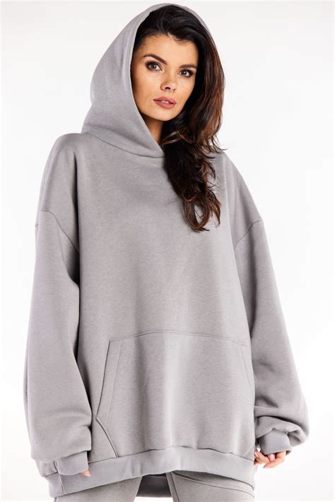 Szara Bluza Damska Oversize Z Kapturem Cudmodapl