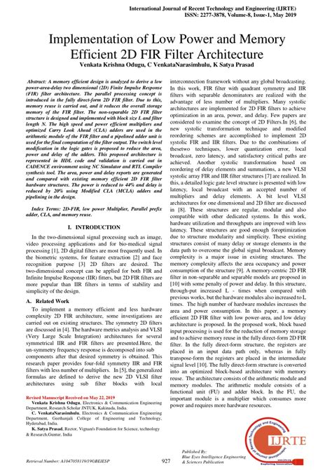PDF Implementation Of Low Power And Memory Efficient 2D FIR Filter