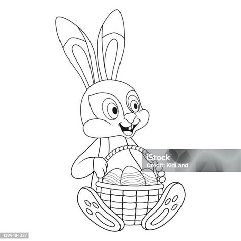 부활절 토끼 무색 만화 토끼와 계란으로 가득 찬 바구니와 색칠 공부 페이지 아이들을위한 토끼가있는 색칠 공부 책 템플릿 연습 워크 시트 또는 스트레스 방지 페이지 논리 개요