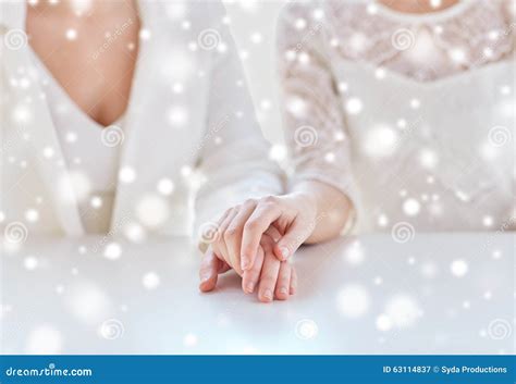 Close Up Of Happy Married Lesbian Couple Hands Stock Image Image Of