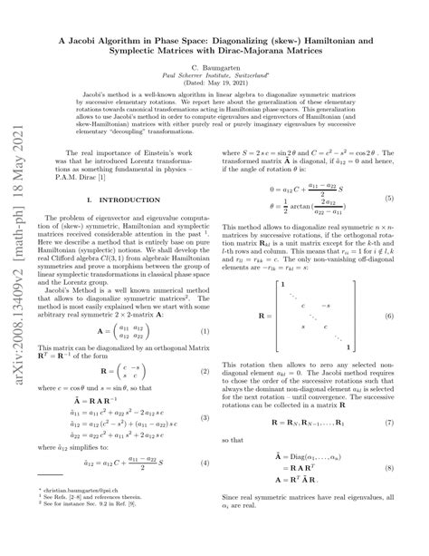 Pdf A Jacobi Algorithm In Phase Space Diagonalizing Skew