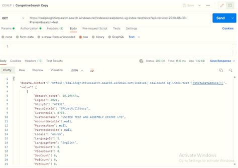 azure cognitive search text search through postman