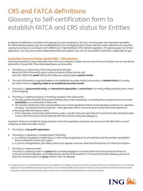 Glossary To Self Certification Form To Establish Fatca And Crs Status
