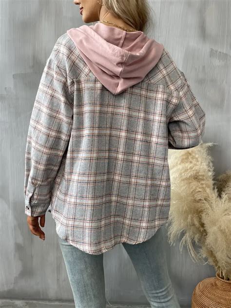 Hooded Plaid Print Blouse Casual Button Front Drawstring Temu