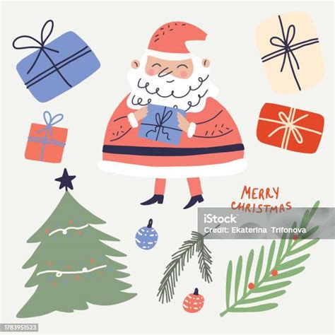 손으로 그린 크리스마스 만화 스티커 산타 클로스와 크리스마스 트리 12월에 대한 스톡 벡터 아트 및 기타 이미지 12월 겨울 계절 Istock