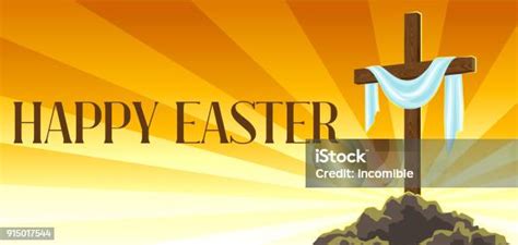 덮개와 나무 십자가의 실루엣입니다 행복 한 부활절 개념 그림 또는 인사말 카드입니다 선라이즈 하늘에 대 한 믿음의 종교적인 상징 부활제에 대한 스톡 벡터 아트 및 기타