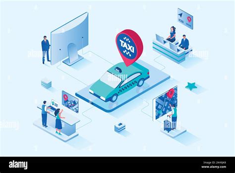 Taxi Service 3d Isometric Web Design People Calling Taxi Booking Car