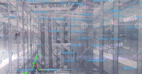 Image Of Multiple Graphs Numbers And Abstract Pattern Over Server Room
