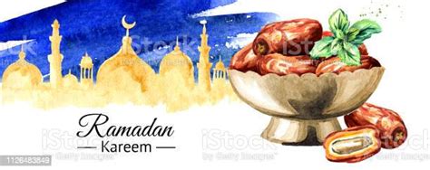 라마단 카림 Iftar 파티 축 하 배경입니다 그릇에 말린된 날짜 과일입니다 수채화 손으로 그린 그림 0명에 대한 스톡 벡터