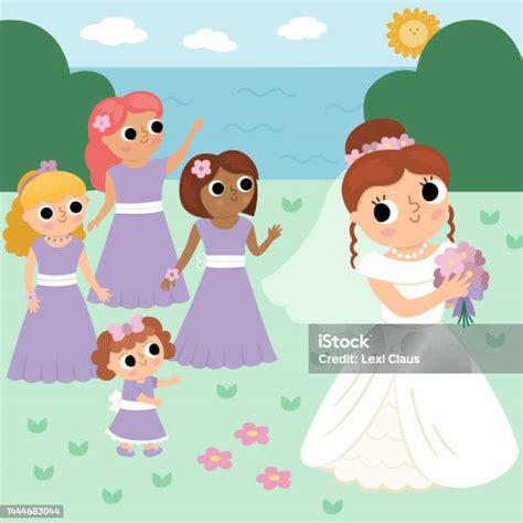 귀여운 결혼 한 부부와 벡터 결혼식 장면 신부와 신랑이 있는 결혼식 풍경 신부 들러리에게 꽃다발을 던지는 베일에 아름 다운 소녀