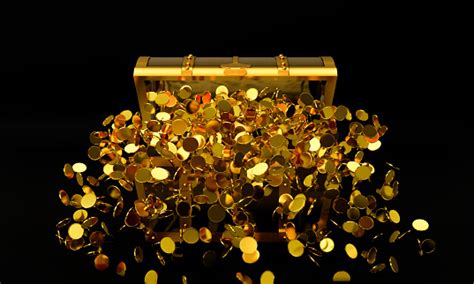 많은 사람들이 보물 상자에서 날아 간 금화를 분배합니다 금으로 만든 보물 상자 고급스럽고 비싼 금화가 튀어나와 고대 보물 상자가 열렸습니다 3d 렌더링 해적에 대한 스톡