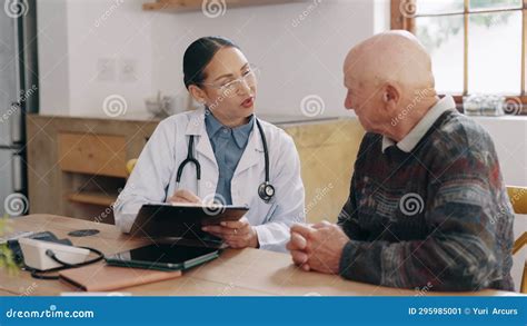 Doctor Old Man Or Patient Writing Symptoms On Paper Test Results