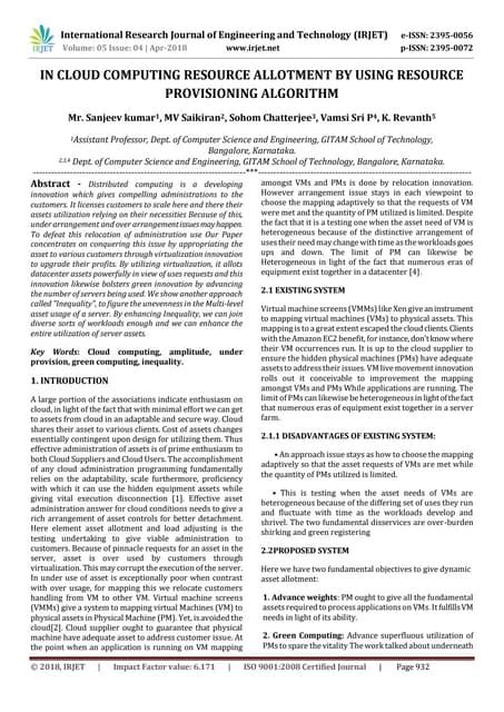Irjet In Cloud Computing Resource Allotment By Using Resource Provisioning Algorithm Pdf