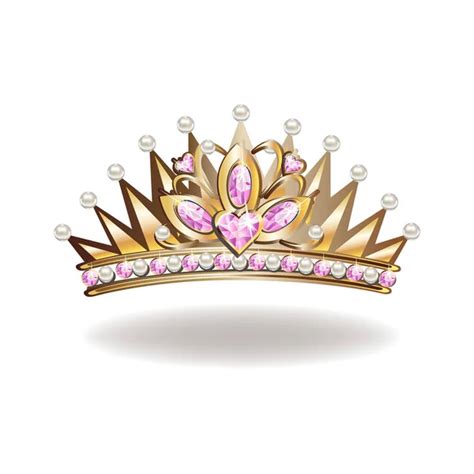 Beautiful Golden Princess Crown Pearls Pink Jewels Vector Illustration