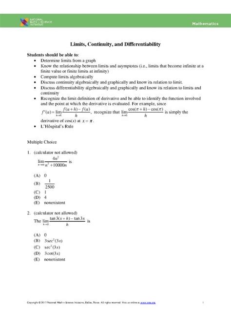 Calculus Pdf 170727 01 Limits And Continuity And Differentiability