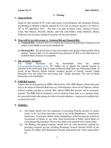 Fillable Online Orissajudicialacademy Nic 5 Tender Docuemnt For