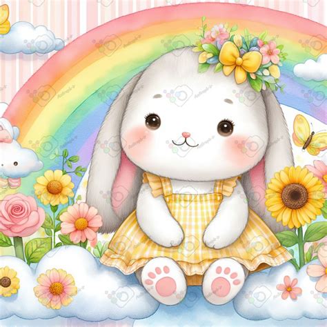 بک گراند کودکانه خرگوش ناز در باغ گلهای آفتابگردون با رنگین کمان کد 41096 ویژه عکس گراف عکس گراف
