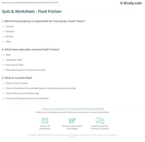 Quiz And Worksheet Fluid Friction