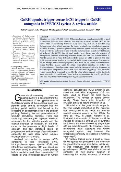 Pdf Gnrh Agonist Trigger Versus Hcg Trigger In Gnrh Antagonist In Ivficsi Cycles A Review