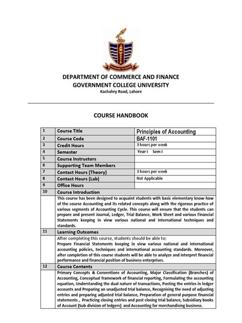 Principles Of Accounting Course Outline Based On Weekly Lectures Pdf