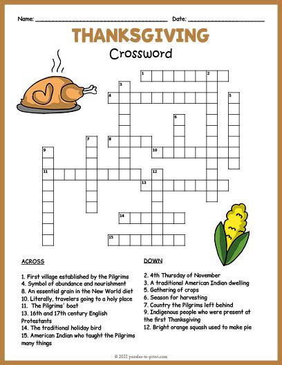 Free Printable Thanksgiving Crossword Thanksgiving Crossword