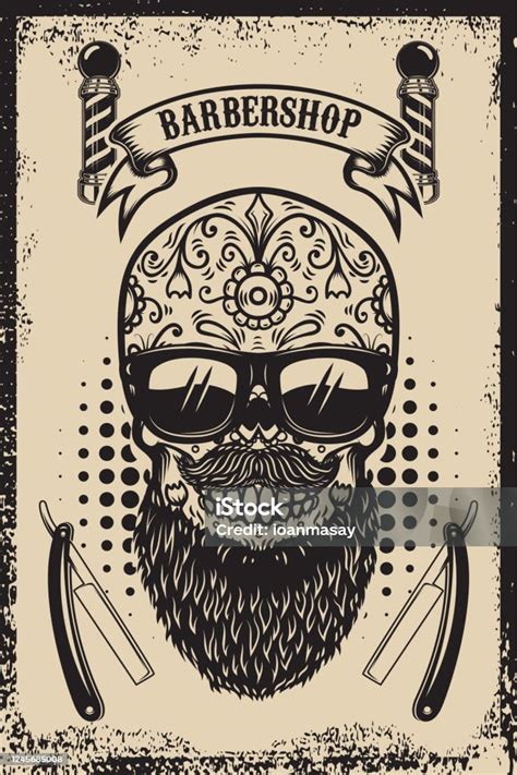 이발소 포스터 템플릿입니다 수염 멕시코 설탕 두개골과 이발사 블레이드 포스터 카드 배너 T 셔츠 엠블럼 디자인 요소 벡터 일러스트레이션 0명에 대한 스톡 벡터 아트 및 기타