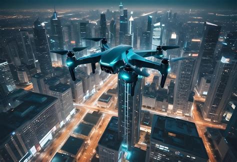 A Stateoftheart Autonomous Flying Drone Soaring Above A Bustling Ultramodern Metropolis Filled