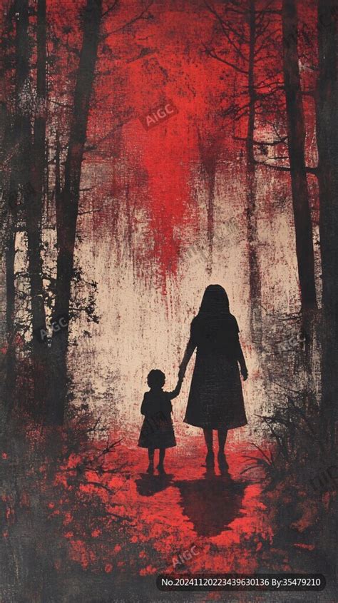 Ai创作图母女背影 女儿背影剪影 红色背影 恐怖背景主视 3d恐怖立体挂画 母亲背影 儿童与母亲背影 恐怖海报 恐怖主题立体画 母亲的背影 红裙背影 红衣女人背影 暗黑系海报 灵异迷幻梦幻 暗