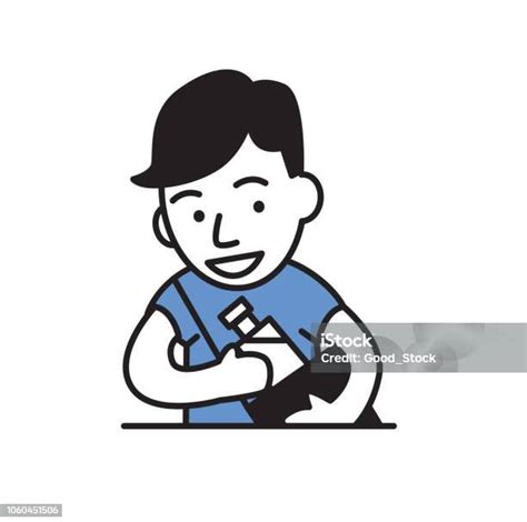 웃는 남자 그의 가방에서 물 한 병을 퍼 팅 숙박 수산화 플랫 디자인 아이콘 평면 벡터 일러스트입니다 흰색 배경에 고립 가방에