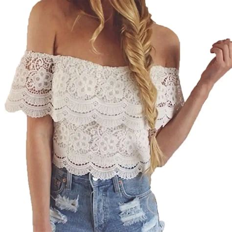 Summer Solid Tanks Ladies Sexy Off Shoulder Lace Stitching Short Sleeve