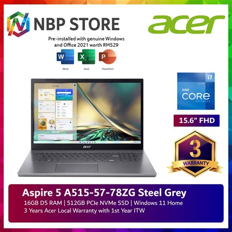 Acer Aspire A Zg Fhd Laptop Steel Grey I U Gb Gb Ssd Intel W