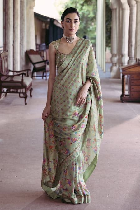 Buy Green Dupion Silk Printed Floral Round Saree With Blouse For Women