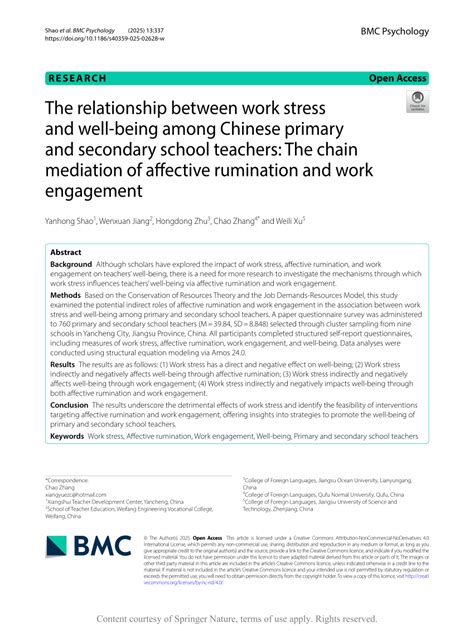 Pdf The Relationship Between Work Stress And Well Being Among Chinese Primary And Secondary