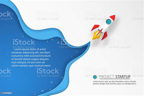 로켓은 흰색 파란색 배경에 텍스트 레이블 및 구름과 함께 하늘로 발사됩니다 비즈니스 또는 시작 개념의 프레젠테이션 배경 종이 컷 디자인의 벡터 삽화 예술 개념에 대한 스톡