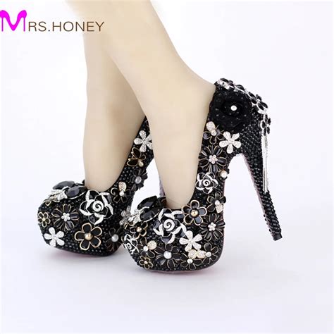 Womens High Heel Shoes Black Pearl Wedding Bridal Dress Shoes Round Toe