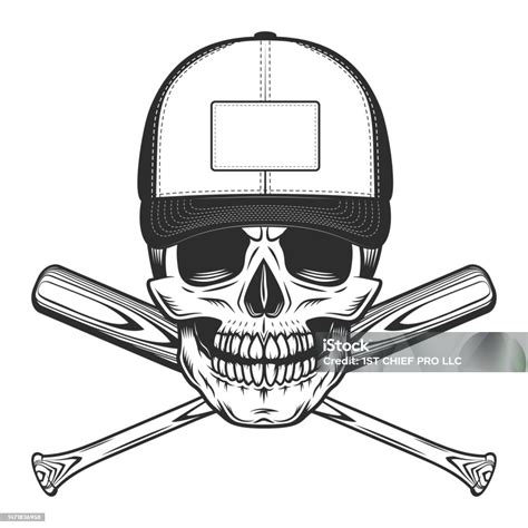야구 방망이 클럽 엠블럼 디자인 요소 템플릿이 있는 모자에 두개골 빈티지 흑백 스타일 격리된 벡터 일러스트레이션 가죽에 대한 스톡 벡터 아트 및 기타 이미지 Istock