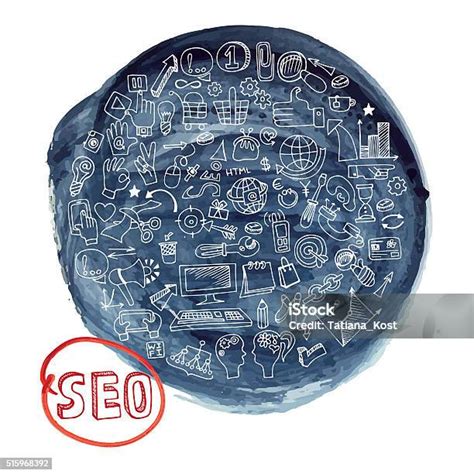 낙서 검색 엔진 최적화 컨셉입니다 아이콘은 워터컬러 블루 잉크에도 스타인 검색 엔진에 대한 스톡 벡터 아트 및 기타 이미지 검색 엔진 기업 재무와 산업 낙서 드로잉