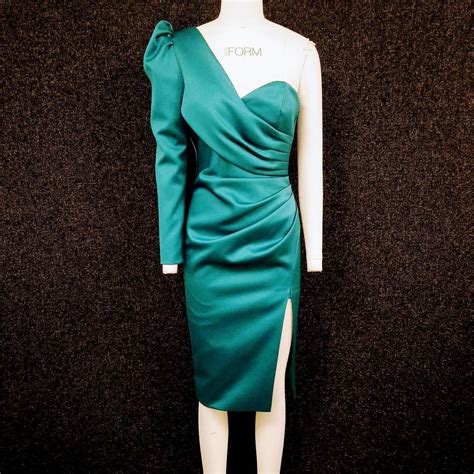 S1423 One Shoulder Bonded Satin Puff Sleeve Midi Depop