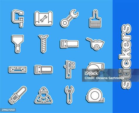 세트 라인 룰렛 구조 전기 원형 톱 수레 렌치 스패너 금속 나사 퍼티 나이프 클램프 및 도구 및 손 아이콘 벡터 0명에 대한