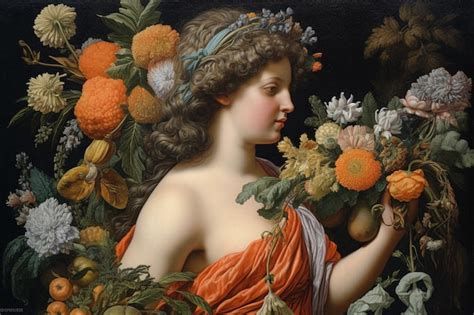 Premium AI Image Painting Of A Woman Holding A Bunch Of Flowers In Her Hand Generative Ai