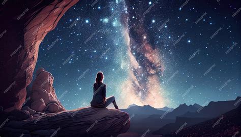 Premium Ai Image Woman Sits On Stone Ledge Looking At The Night Sky